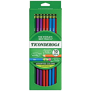 TICONDEROGA Pencils, Wood-Cased Graphite, #2 HB Soft, Pre-Sharpened, Assorted Color Barrels, Black Lead, 10-Pack (13932)