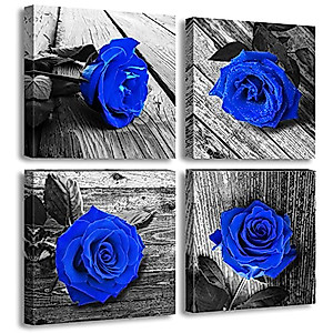 Canvas Wall Art Room Decorations Large Modern Black White Blue Rose Floral Pictures on Grey Valentine'S Day Framed Flower Paintings Decor Multi Panel Turquoise Artwork Living Women Bedroom
