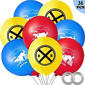 36 Pieces Railroad Crossing Train Balloons 12 Inch Train Birthday Balloons Latex Balloons Railway Party Decorations and 2 Rolls Silver Ribbons for Kids Birthday Baby Shower Engagement Party Supply