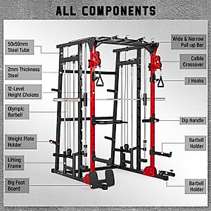 MAJOR LUTIE Smith Machine, SML07 1600lbs Power Cage with Smith Bar and Two LAT Pull-Down Systems and Cable Crossover Machine, 6 Cable Attachment(2023 Version), D32