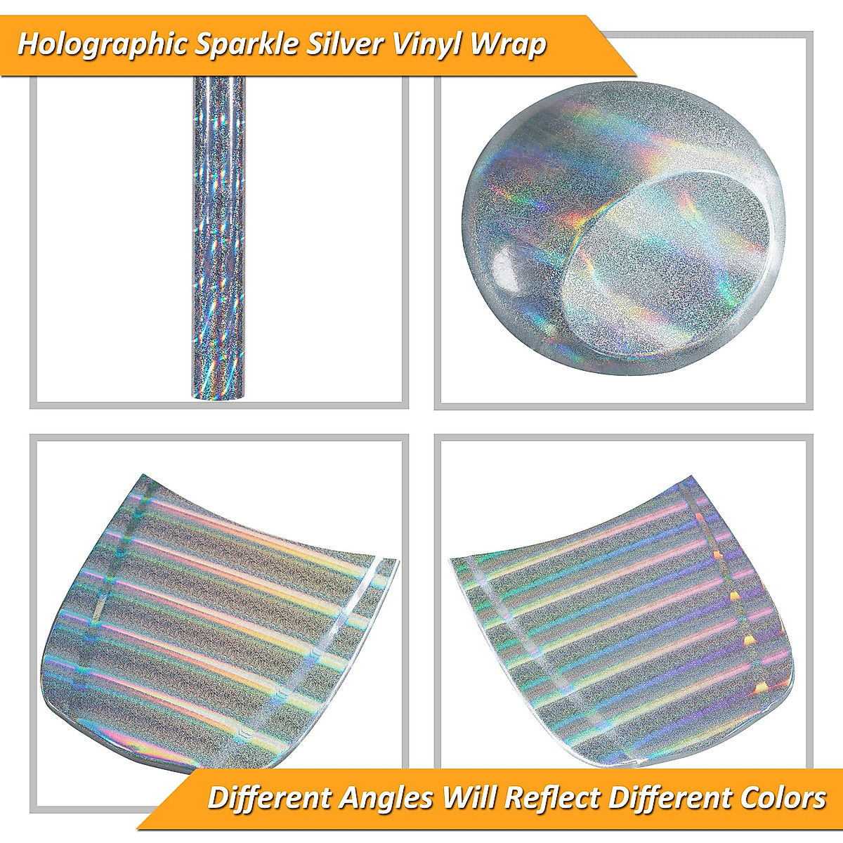 AuMoHall Holographic Sparkle Silver Car Vinyl Wrap Glitter Light Beam Glossy Colorful Chameleon Car Vinyl Wrap with Air Release Technology, 59.84'' x 11.81''