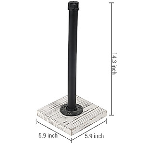 MyGift Industrial Black Metal Pipe Paper Towel Holder Countertop Bathroom Paper Towel Holder Stand with Vintage White Solid Wood Base