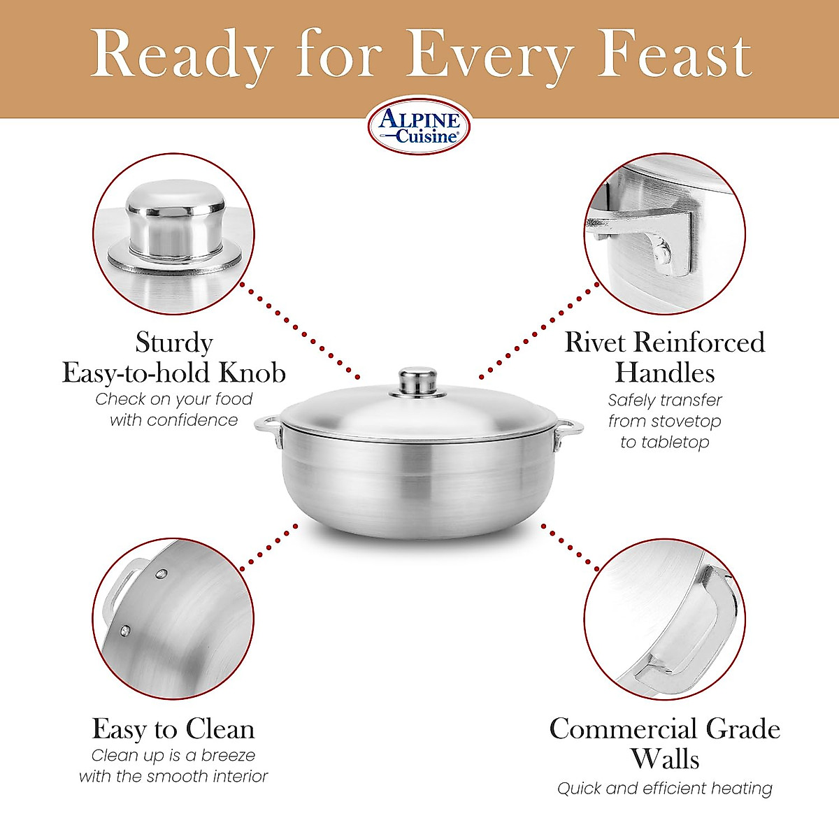 Alpine Cuisine 11-Quart Gourmet Aluminum Caldero Stock Pot, Cooking Dutch Oven Performance for Even Heat Distribution, Perfect for Serving Large & Small Groups, Riveted Handles, Commercial Grade