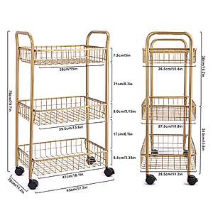 MNOPQ 3 Tier Mesh Rolling Utility Cart, Gold Metal Organization Cart with Lockable Wheels, Multifunctional Storage Trolley Service Cart for Kitchen Living Room Office Salon