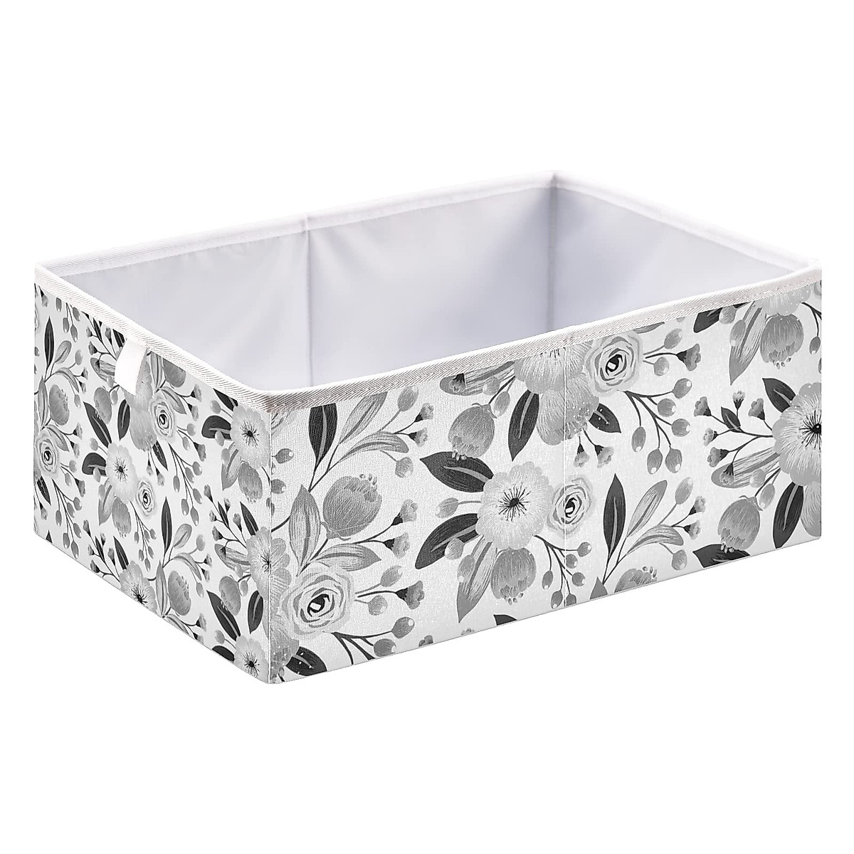 Poeticcity Black Grey Floral Flowers on White Square Storage Basket Bin, Collapsible Storage Box, Foldable Nursery Baskets Organizer for Toy, Clothes Easy to Assemble