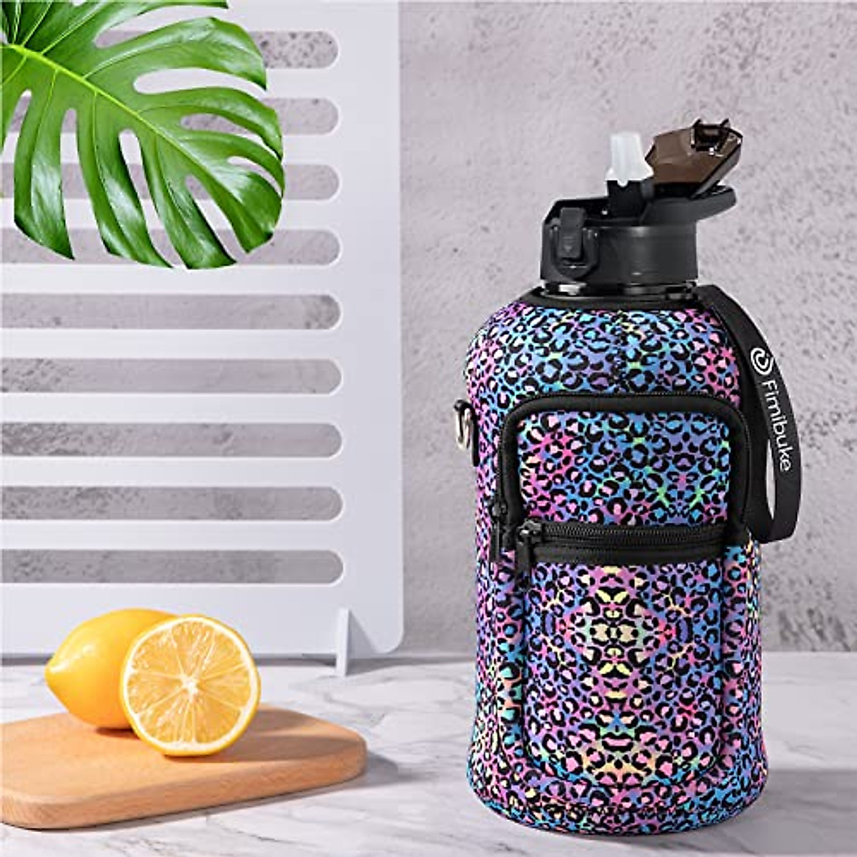 Fimibuke 64 OZ Water Bottle with Handle & Straw, Leakproof Motivational Sports Gym Water Bottle with Time Marker, BPA Free, Neoprene Holder, Leopard