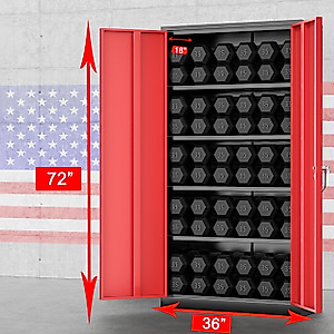Pataku Metal Storage Cabinet, 72" Garage Cabinet with Doors and Shelves Lockable Steel Multifunctional Cabinet, Tool Cabinet for Garage, File Cabinet for Home, Office, Warehouse(Black Red)