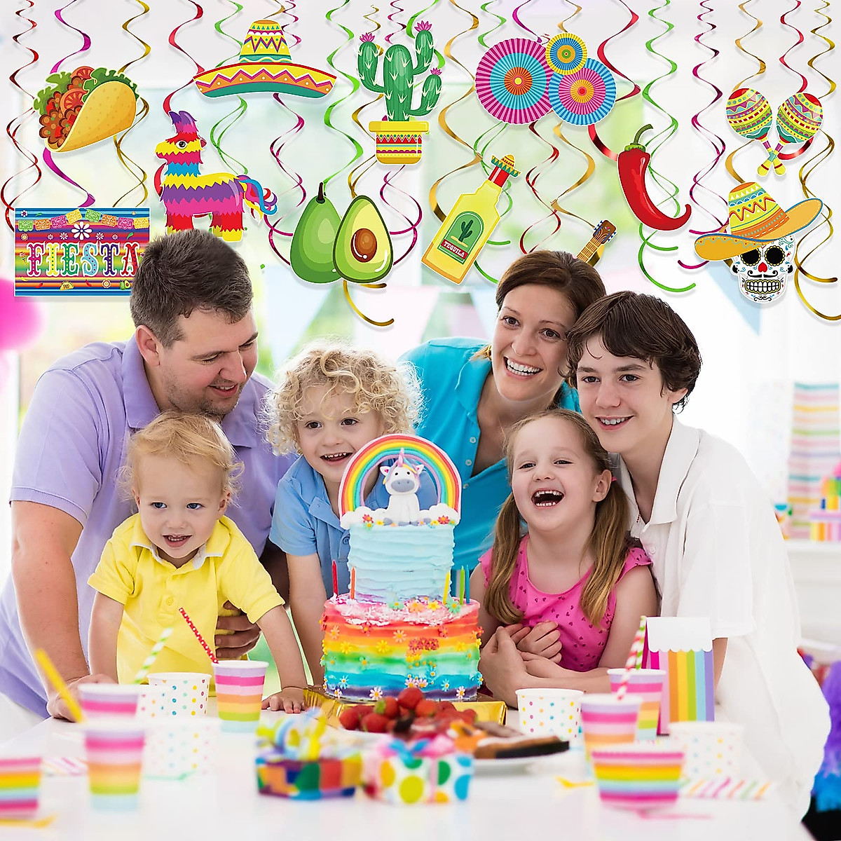 30 Pieces Mexican Fiesta Hanging Swirl Decorations, Cardstock Mexican Fiesta Cinco De Mayo Taco Twosday Birthday Theme Foil Ceiling Party Supplies for Boys Girls Baby Shower Party Favors