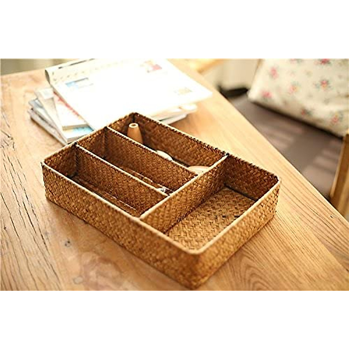 Seagrass Storage Basket with Compartments Utensil Tray for Organization Silverware Flatware Rectangular Shelf Baskets with 4 Sections