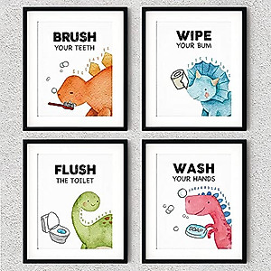 FALJIOK Funny Dinosaur Bathroom Decor, Brush Flush Wipe Wash Baby Boy Nursery Bathroom Wall Art Prints Decorations for Kids Nursery Boy Girl Son Bathroom Set of 4(8" x 10") Unframed