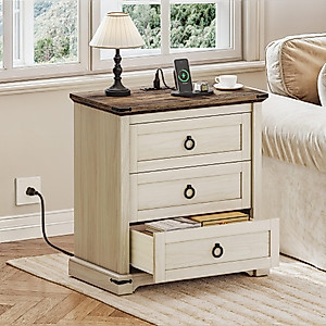 YITAHOME Farmhouse Nightstand with 3 Drawers and Charging Station, Wood Night Stand Organizer for Bedroom, Set of 2, Off White+Walnut Grain