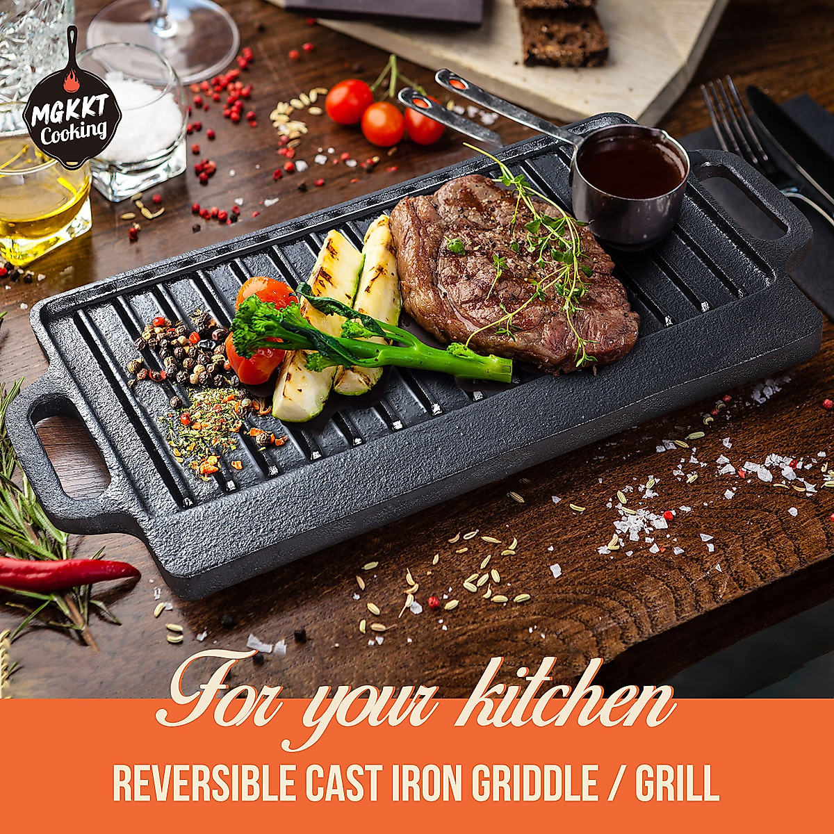 Cast Iron Griddle Plate 13 x 8 inch | Reversible Cast Iron Grill/Griddle Pan | Double Sided Stove Top Griddle On Single Burner | Pre-Seasoned Small Cast Iron Griddle 1 Piece