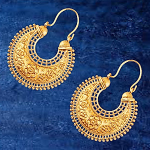 Touchstone Indian bollywood pretty fringes and floral theme ethnic south Indian chandbali moon bridal designer jewelry chandelier earrings for women in antique gold tone.