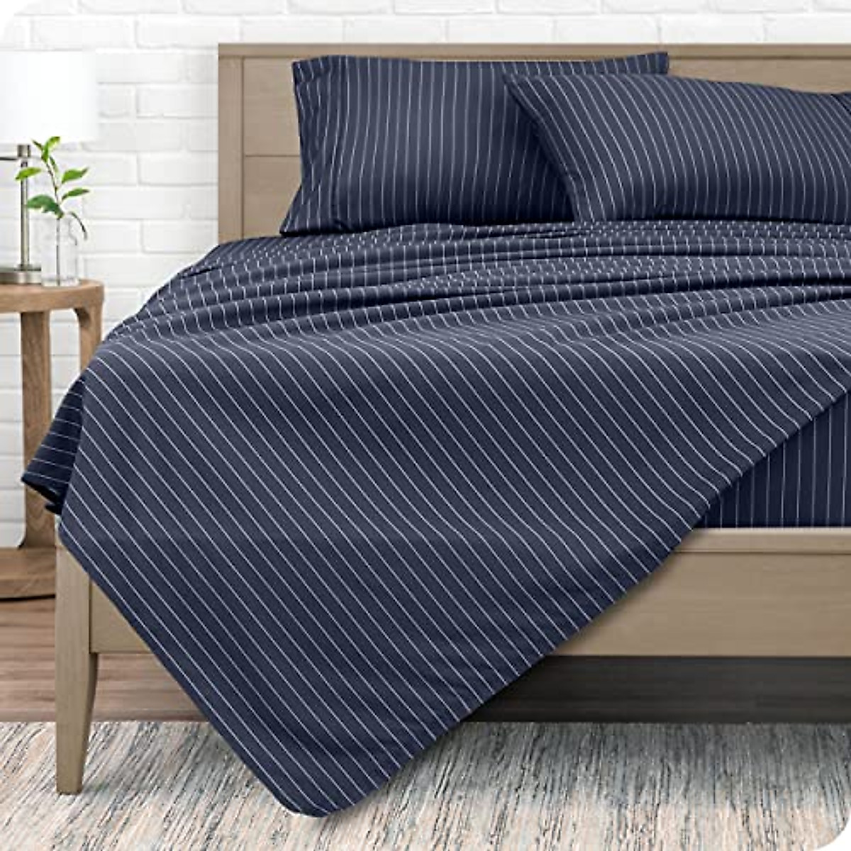 Bare Home Twin XL Sheet Set - College Dorm Size - 1800 Ultra-Soft Microfiber Twin Extra Long Bed Sheets - Deep Pockets - Easy Fit - 3 Piece Set - Bed Sheets (Twin XL, Pinstripe - Midnight/White)