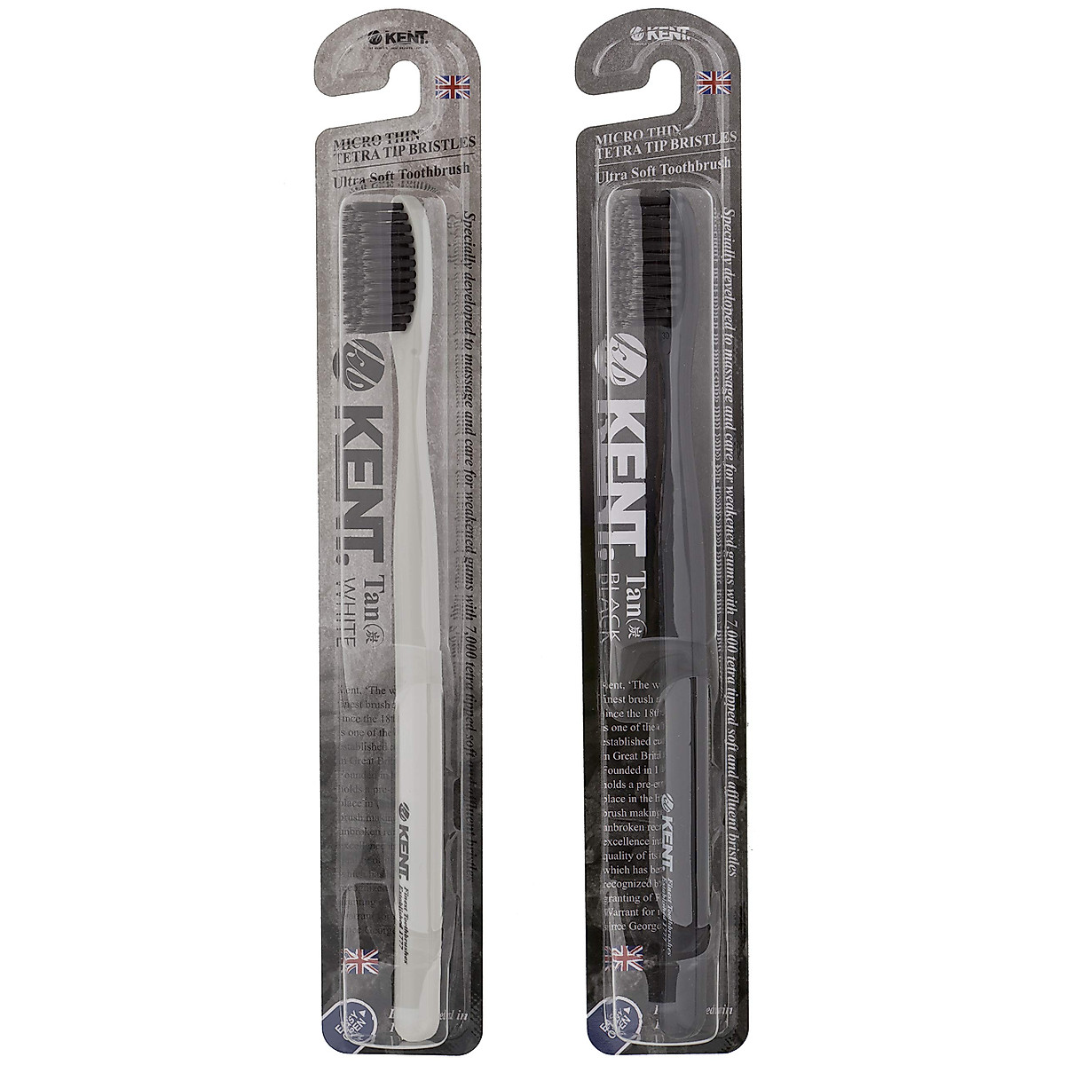 [Kent] Oral Care Charcoal toothbrush Slim teeth whitening brush for adults and children - Ultra Soft Bristles - Black & White - 4 Pieces