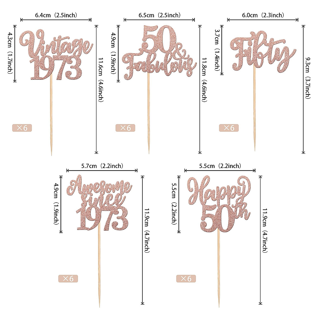 30 PCS Happy 50th Birthday Cupcake Toppers Glitter Fifty 50 Fabulous Vintage 1973 Cupcake Picks Cheers to 50 Years Cake Decorations for 50th Birthday Anniversary Party Supplies Rose Gold