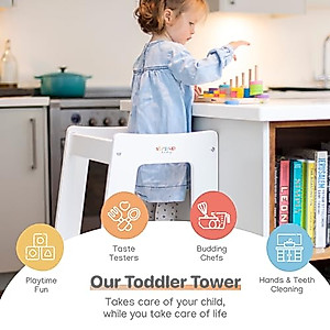 Stepup Baby Toddler Tower Step High Chair | Montessori Inspired | Kitchen Wooden Step Stool for Preschool Kids | Adjustable for 18 Month - 5 Years | Includes Safety Rail (White)