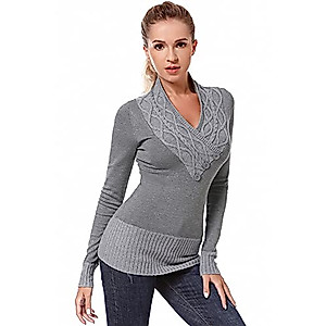AmélieBoutik Women Crossover Cable Knit V Neck Long Sleeve Pullover Sweater (Gray Large)