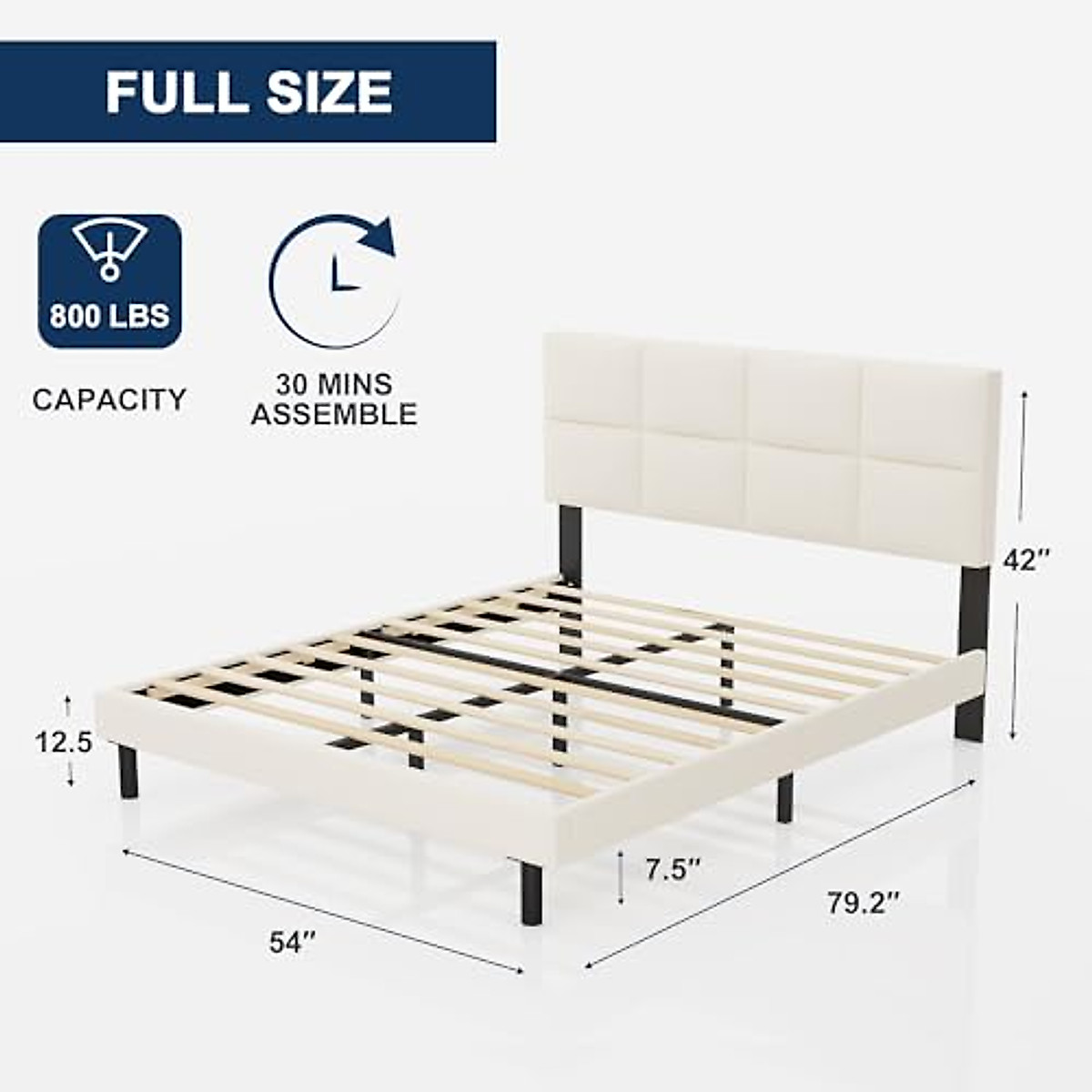 Molblly Full Size Bed Frame with Upholstered Headboard, Strong Frame, and Wooden Slats Support, Non-Slip and Noise-Free, No Box Spring Needed, Easy Assembly, Beige