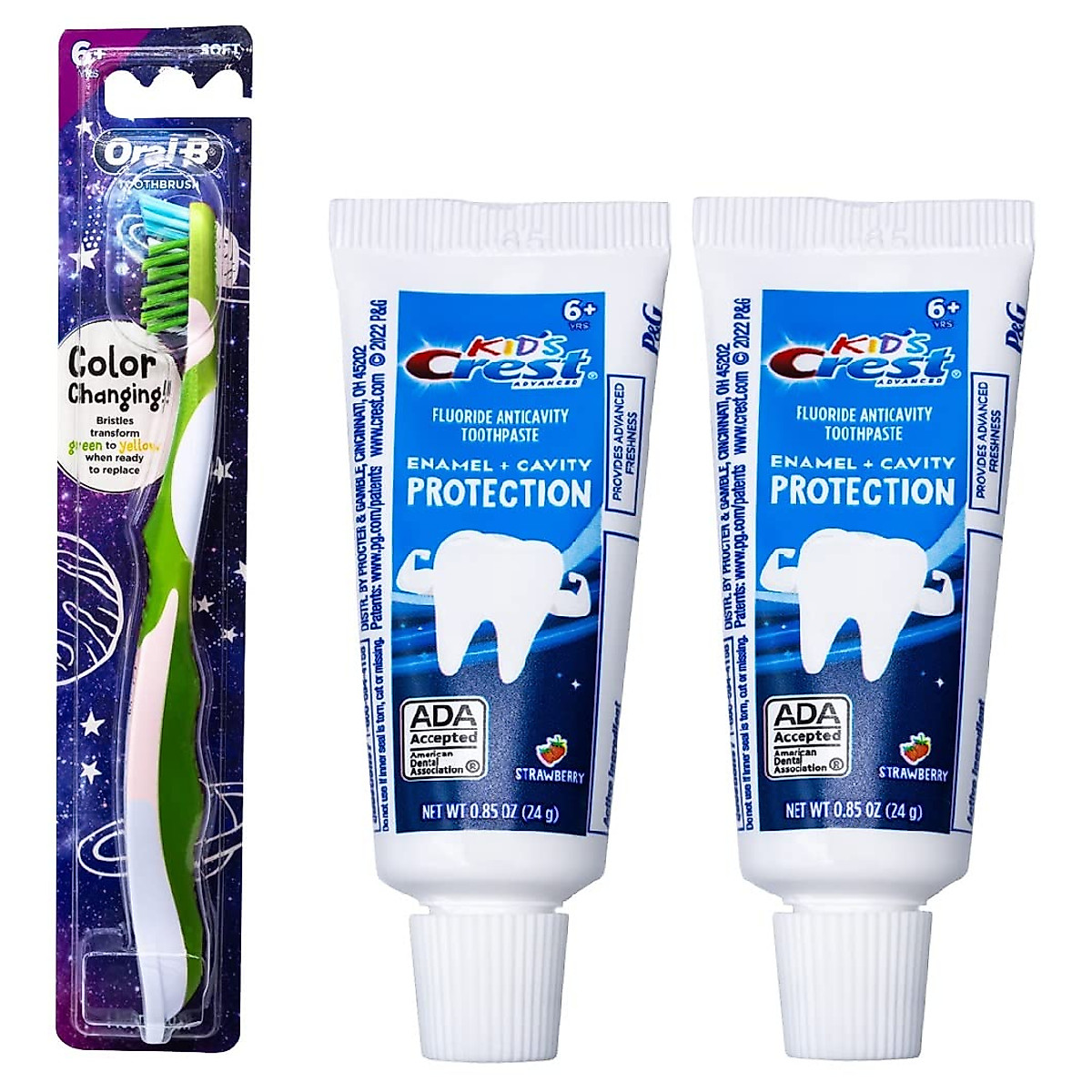 Oral-B Pro-Health Junior CrossAction Galaxy Toothbrush, Ages 6+, Soft -1 Count & Crest Kids Advanced Toothpaste Enamel + Cavity Protection with Fluoride for Anticavity, Travel Size 0.85oz - Pack of 2