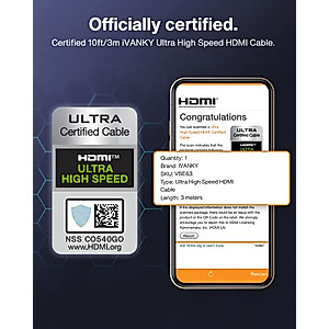 IVANKY 8K HDMI 2.1 Cable 10FT/3M, Certified High Speed HDMI 2.1 Cable, 4K@120Hz 8K@60Hz 48Gbps 144Hz, 7680P, DTS:X, eARC, HDR, for Roku TV/PS4 5/Xbox Series X