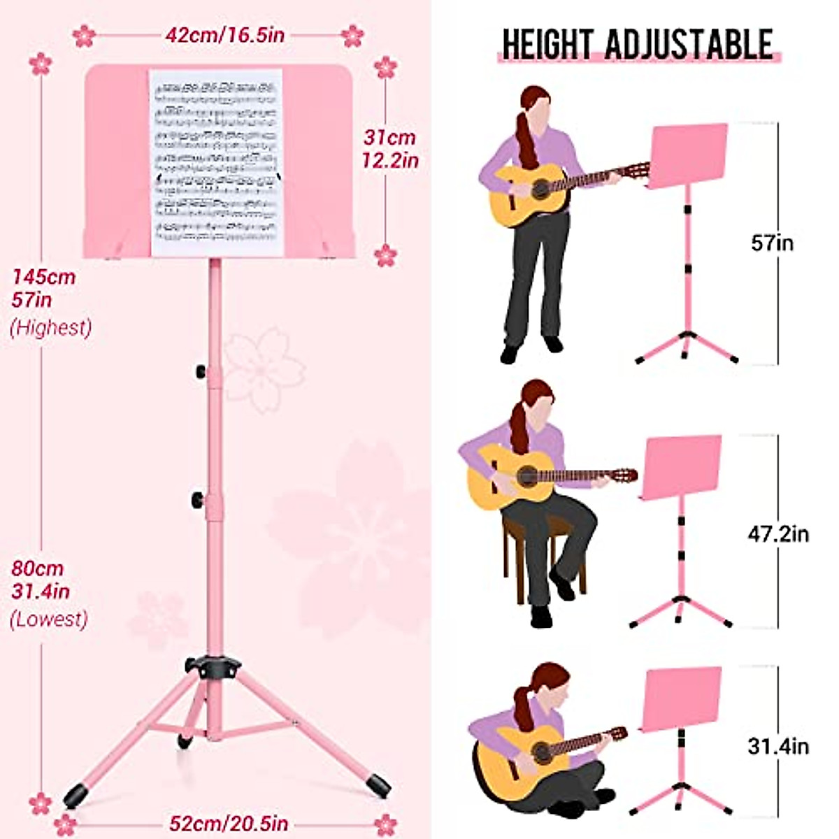 CAHAYA Sheet Music Stand & Tabletop Music Stand Solid Back with Carrying Bag for Books Notes Laptop Tablet Pink CY0194