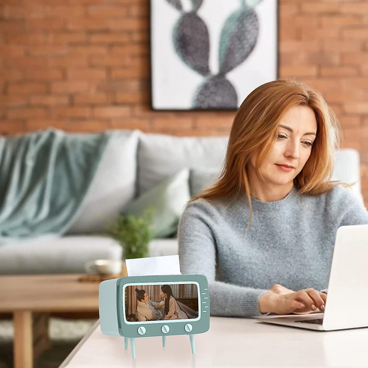 SGVAHY Tissue Box Holder Retro TV Tissue Box Cover Cute and Practical Cell Phone Holder Tampon Holder for Bathroom, Kitchen, Bedroom Dressers, Desks and Tables, Night Stands, Creative Gift (TV Green)