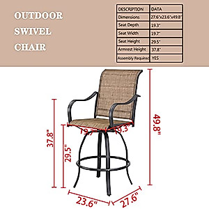 LOKATSE HOME 3 Pcs Patio Bar High Swivel Stools Set， 2 Tall Chairs and 1 Height Outdoor Bistro Table, Khaki