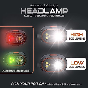 FANT.LUX LED Headlamp & Cap Light, 500 Lumen Rechargeable Bright Spot Light for Camping, Hiking, Caving, Fishing with Adjustable Headstrap and Cap Clip, Green Red Light for Hunting