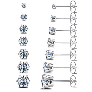 Silver Gold Black Stud Earrings Set 7Pairs Hypoallergenic Cubic Zirconia Titanium Stainless Steel Silver Rose Gold Black CZ Cartilage Stud Earrings Jewelry Sets for Women Men, 2-8mm CZ Stud Earrings