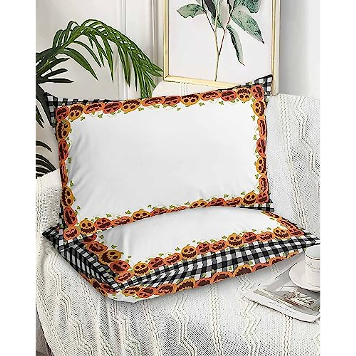 Edwiinsa Halloween Pillow Covers King Standard Set of 2 Bed Pillow, Black White Plaid Pumpkin Green Leaves Plush Soft Comfort for Hair/Skin Cooling Pillowcases with Envelop Closure 20''x36''