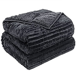 Pawque Sherpa Fleece Weighted Blanket Twin Size 15lbs for Adult, Fuzzy Weighted Throw with Ribbed Stripes, Dual Sided Cozy Plush Blanket with Premium Beads for Bed Sofa, 48 x 72 Inches, Dark Grey