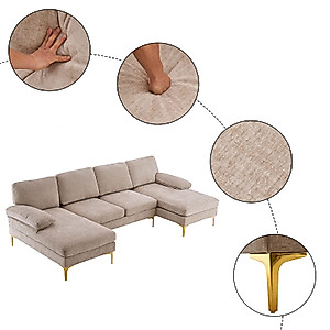 POULEII Sectional Sofa,Modern U-Shape Modular Sectional Sofa Sleeper Couch with Chenille Fabric and Gold-Plated Feet for Living Room, Apartment, Office,Camel