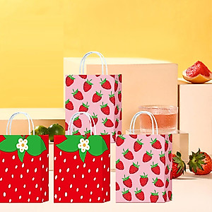 Hitkmi 16 Pcs Strawberry Gift Bags Small Strawberry Paper Goodie Bags with Handles for Birthday Party Berry Sweet Party Favor Bags Snack Candy Bags Decoration Supplies (Pink)