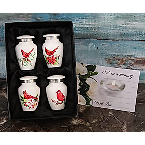 Cardinal Urns White - Mini Keepsake Urns Set of 4 - Premium Box & Bags Included - Small White Urns for Ashes - Honor Your Loved One with Bird Cremation Urns - Perfect for Adults & Infants