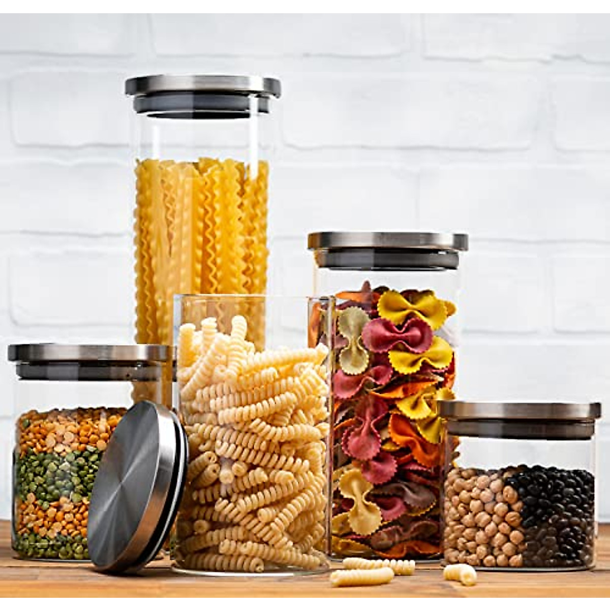 Set of 5 Glass Kitchen Canisters with Airtight Stainless-Steel Lid - Dishwasher Safe, Storage Jars for Kitchen, Bathroom & Pantry Organization, Ideal for Flour, Sugar, Coffee, Cookie Jar, Candy, Snack