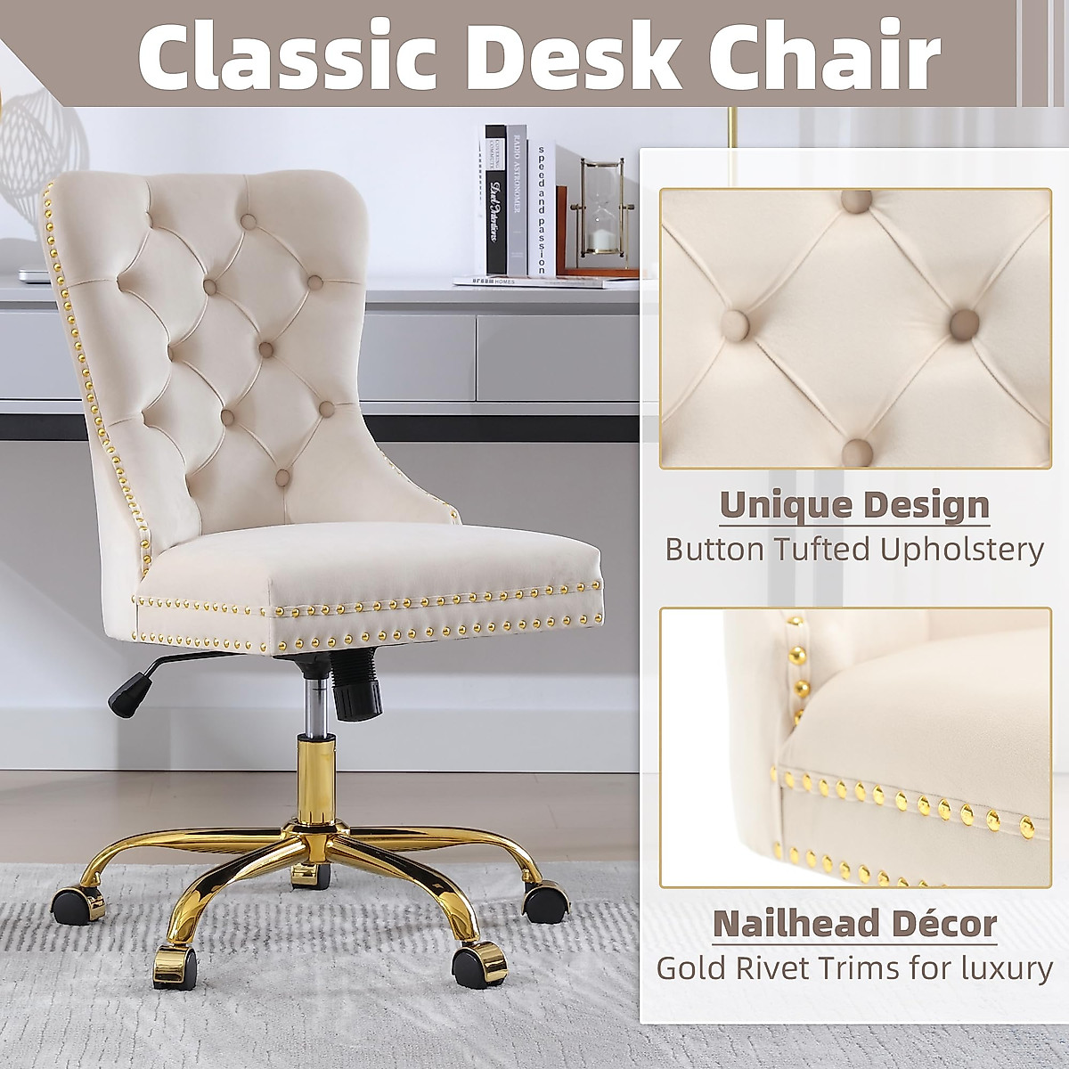 GOOLON Velvet Home Office Desk Chair, Height Adjustable Vanity Chair withTufted Back, Swivel Comfy Seat, Luxury Rivet Trim, Golden Base for Bedroom Living Room, Beige