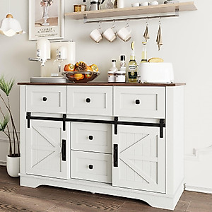 Vabches Farmhouse Sideboard Buffet Cabinet with Storage, Large Kitchen Sideboard Cabinet, Sliding Barn Doors and 5 Drawers, Adjustable Storage Shelves, Coffee Bar Table for Dining Room, White