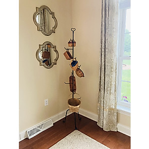 Boxwood and Mum Hanging Storage Basket Stand, Holder, Storage Rack Display Tree, Cloth or Hat Organizer Hanging Storage Farmhouse Style Rustic Home Decor (Rustic Heart)