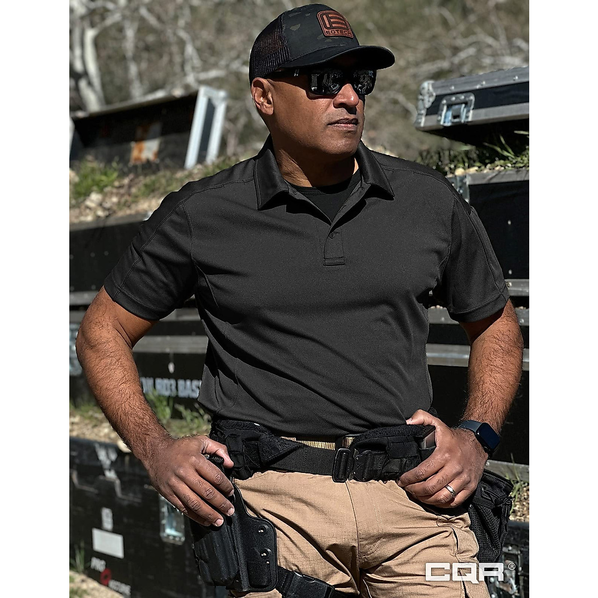 CQR Men's Polo Shirt, Long and Short Sleeve Tactical Shirts, Dry Fit Lightweight Golf Shirts, Outdoor UPF 50+ Pique Shirt, Frost Essential Black, Large