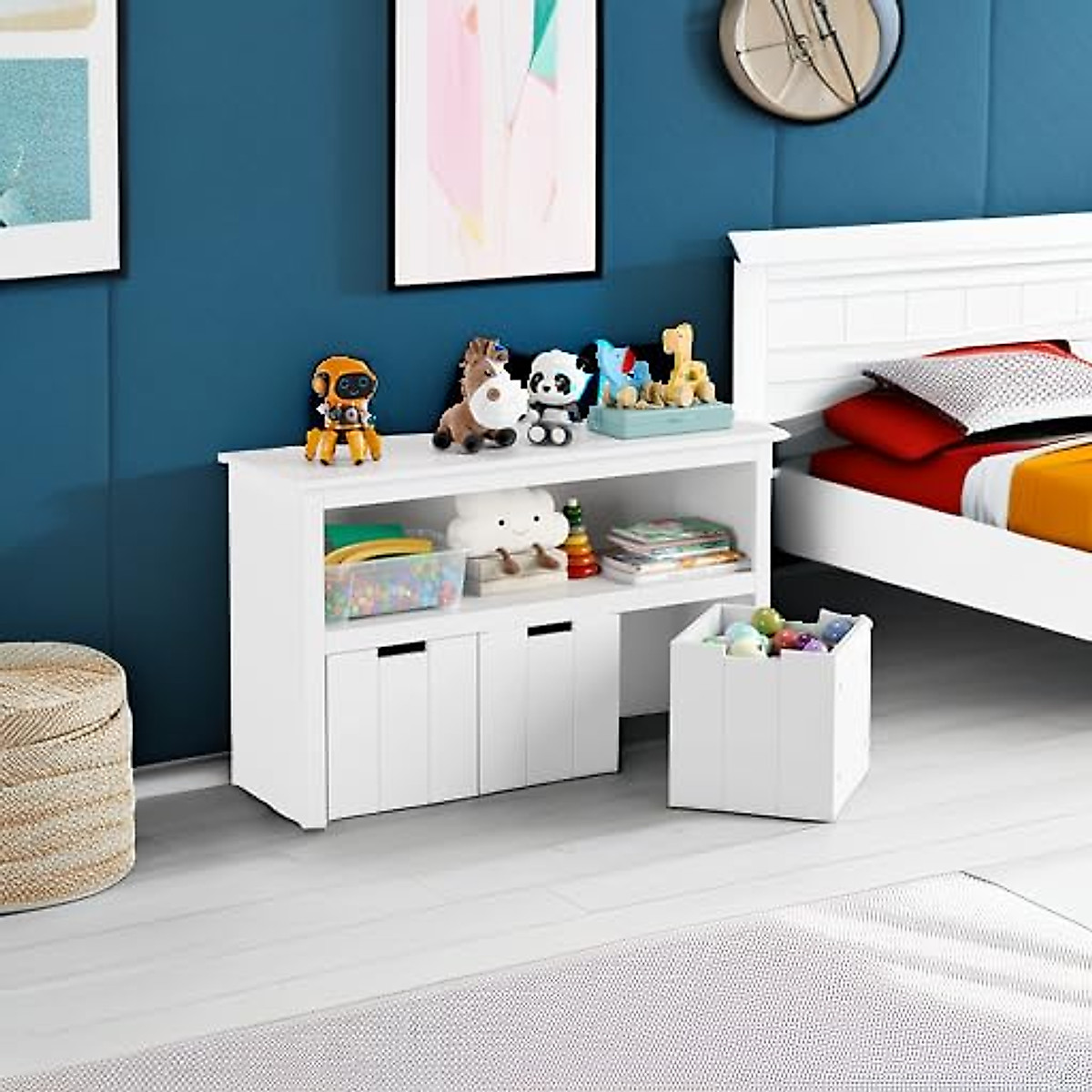 FOTOSOK Toy Storage Cabinet with 3 Movable Drawers, Floor Storage Organizer with Hidden Wheel & Large Open Bookhelf, Organizer Chest for Playroom, White