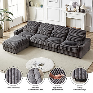 BUIORD 128" Oversized Modular Corduroy Sofa,L-Shaped Upholstered Sofa with Ottoman&Cup Holders,4-Seater Convertible Sofa with Charge Port&Waist Pillows&Back Cushion for Living Room (Grey)