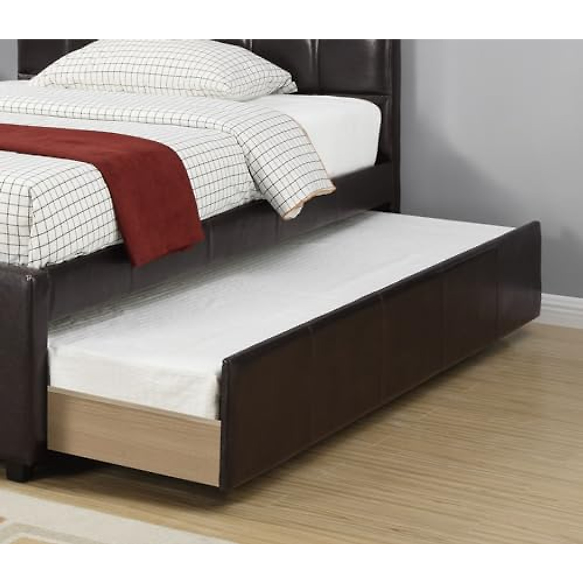 GOWE Full Size Bed w/Trundle Slats Espresso Faux Leather Plywood Kids Youth Bedroom Furniture Wooden Slats Square Box Upholstered Headboard 1pc Bed