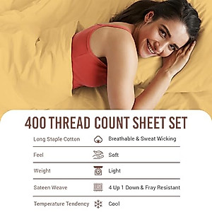 Pizuna Pure 100% Cotton Queen Bed Sheets Set Golden Yellow, Luxurious 400 Thread Count Long Staple Cotton Sateen Sheets with 15" Deep Pocket (Combed Cotton Queen Sheet Set - 4PC)