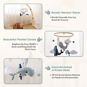 Baby Mobile for Crib丨Baby Nursery Mobiles丨Handmade Felt Ocean Animal Mobile for Crib Baby Boys and Girls丨Woodland Nursery Decor for Infant Bedroom Hanging丨 Gender Neutral Baby Stuff（Whales）