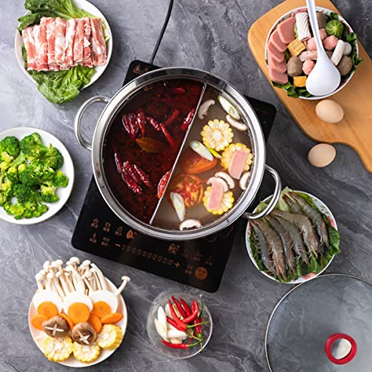 DEPILA Home Sided Plate Electric S Practical Ramen Cooker Yang Size Stick Stainless Base Cooker: Gas Two-Flavor Soup Cookware Stove Steel Dual Holder Double Two- Basin Duck Woks