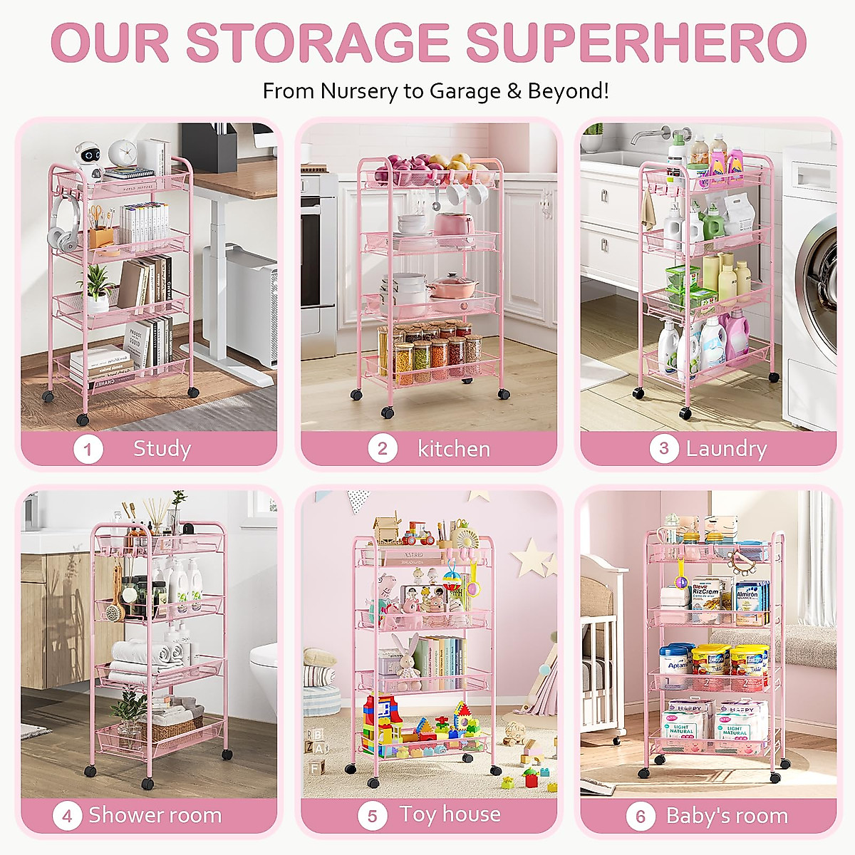 TOOLF 4-Tier Rolling Cart, Metal Utility Cart with 3 Hooks, Easy Assemble Mobile Storage Trolley On Wheels, Slide Out Shelving Units Kitchen Bathroom Laundry Room