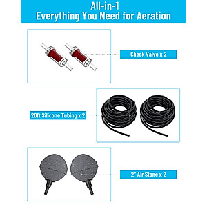 FUMAK Pond Aeration Kit – Koi Pond Aerator Pond Air Pump Kit for Pond up to 2000 Gallons Pond Deicer All-in-One Pond Aeration System with Double Outlets Check Valves Airline Tubing Air Stones