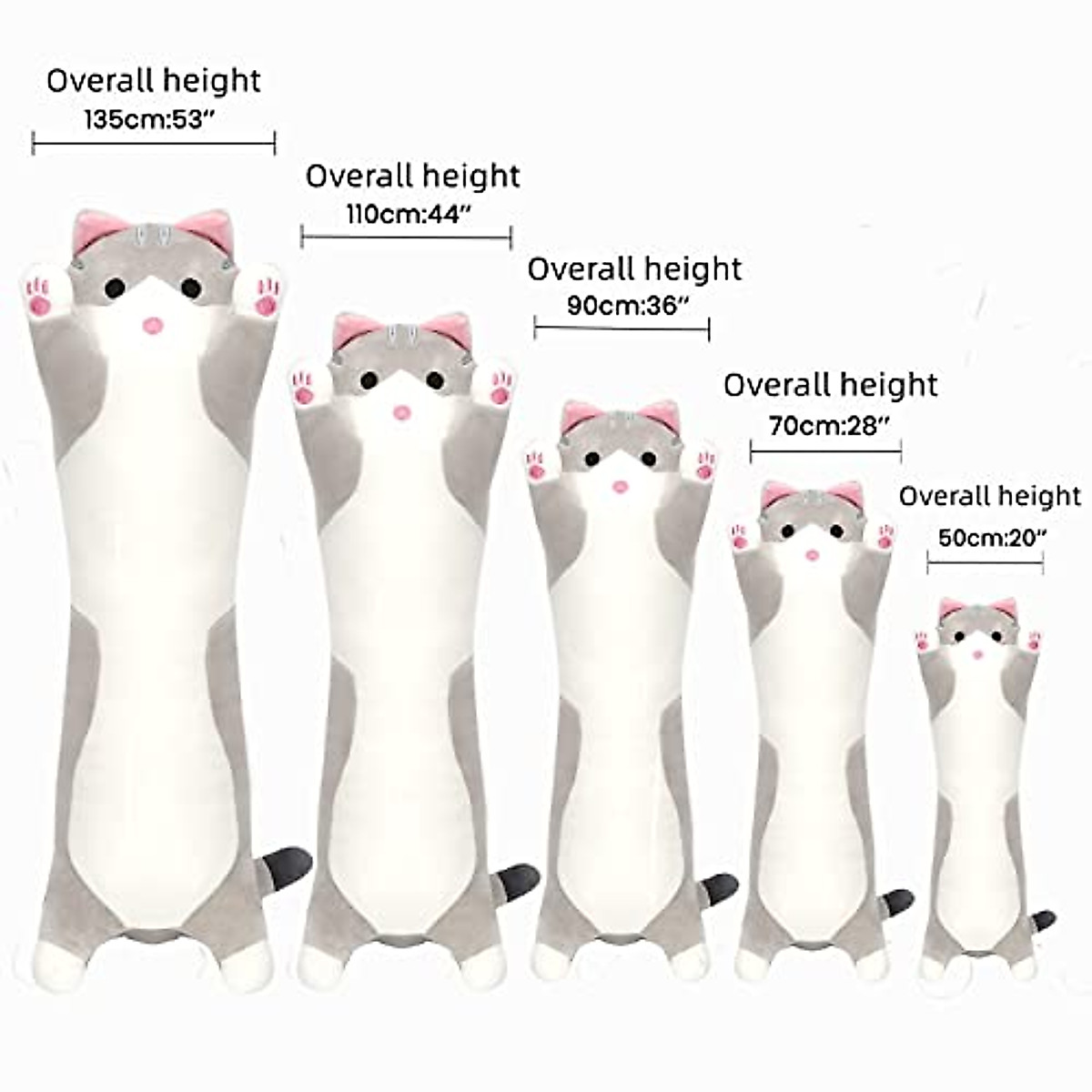 Cute SEENEEY Cat Pillow: Soft 50cm Cartoon Stuffed Animal Toy for Kids & Girls (Long Grey Cat)