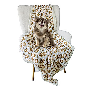 long rich Printed Dog paw Flannel Reverse to Sherpa Throw Blanket, Taupe, by Happycare Textiles